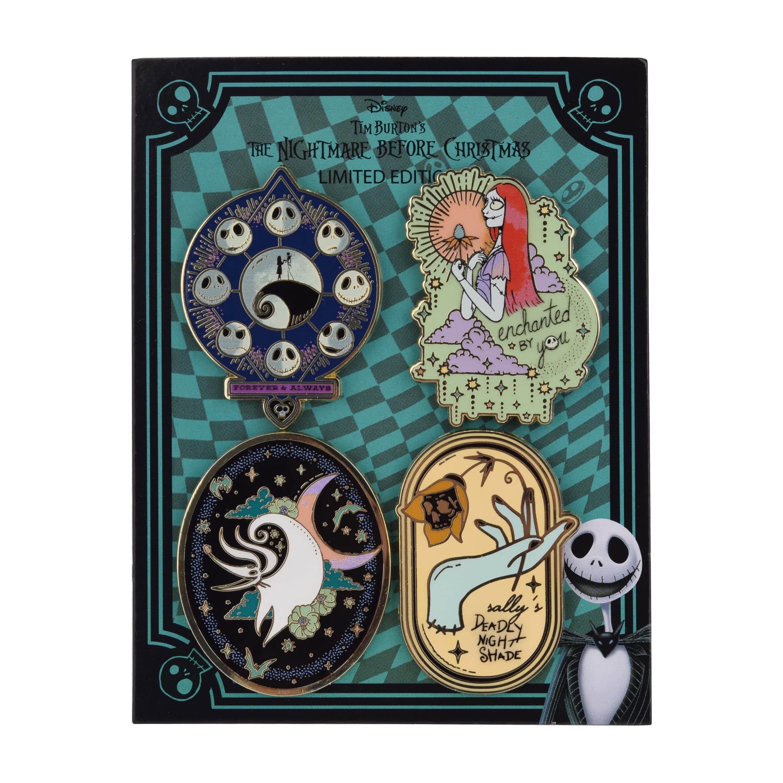 Disney Enamel Pin Set, Nightmare Before Christmas Themed Jewelry, Pack of 4 Pieces, 1.75”, Limited Edition Collectors Pins with Zero, Jack and Sally, Sally, Deadly Nightshade Icon, Amazon Exclusive