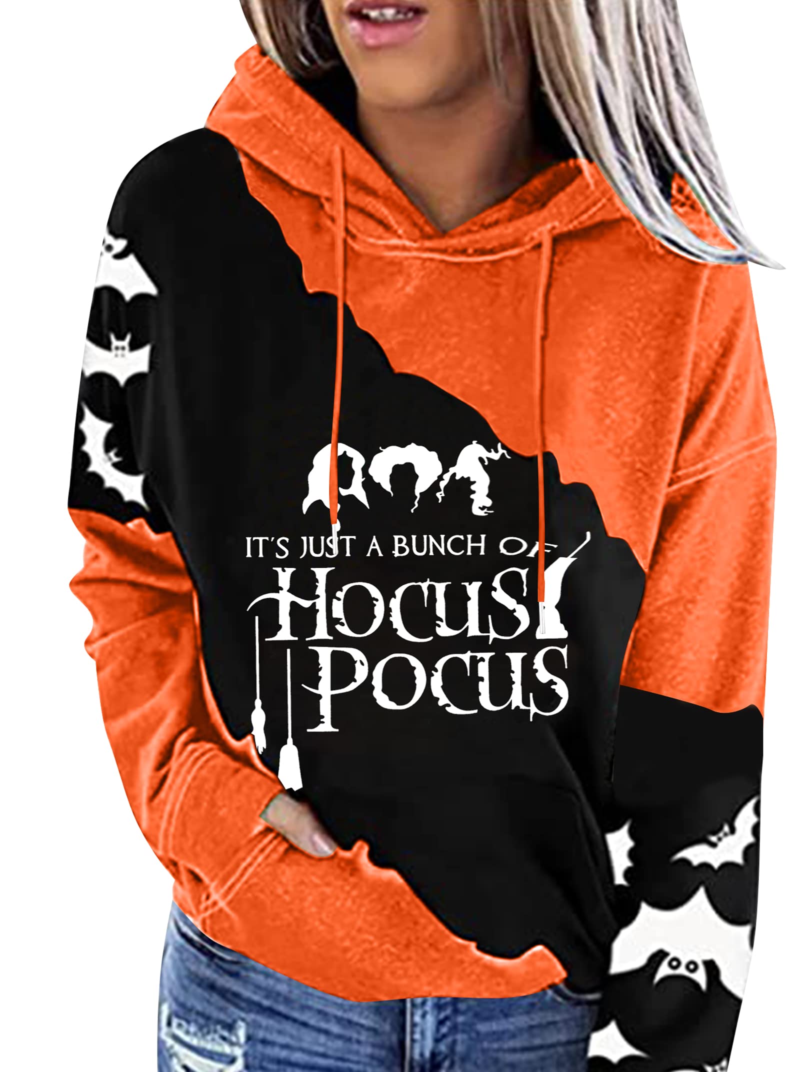 KIDDAD It's Just A Bunch of Hocus Pocus T-Shirt Women Halloween Sanderson Sisters Long Sleeve Crewneck Casual Pullover Tops Black Orange