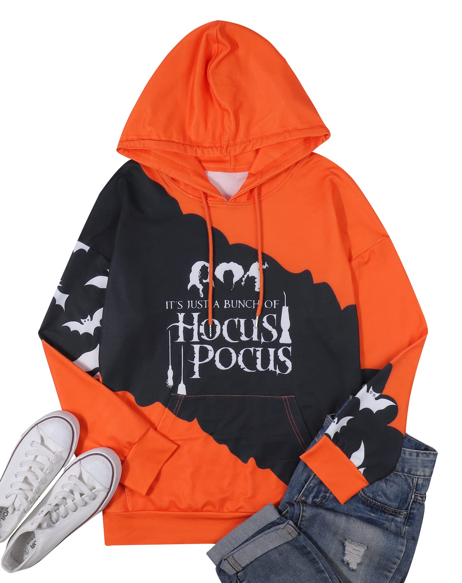 KIDDAD It's Just A Bunch of Hocus Pocus T-Shirt Women Halloween Sanderson Sisters Long Sleeve Crewneck Casual Pullover Tops Black Orange