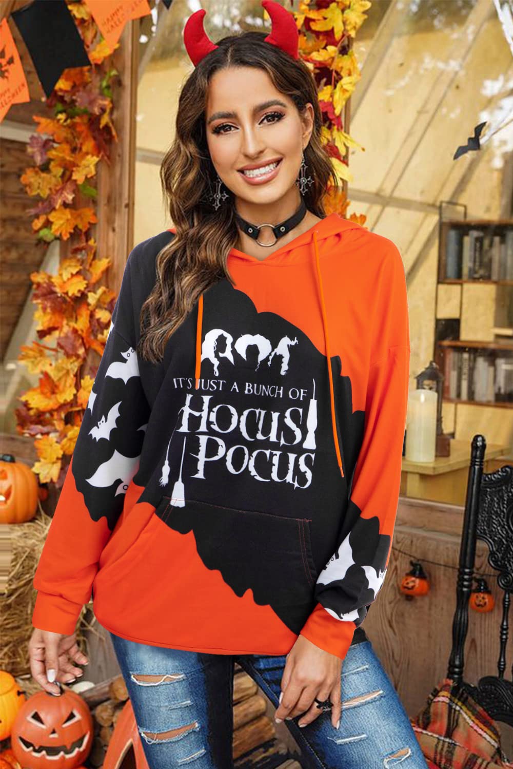 KIDDAD It's Just A Bunch of Hocus Pocus T-Shirt Women Halloween Sanderson Sisters Long Sleeve Crewneck Casual Pullover Tops Black Orange