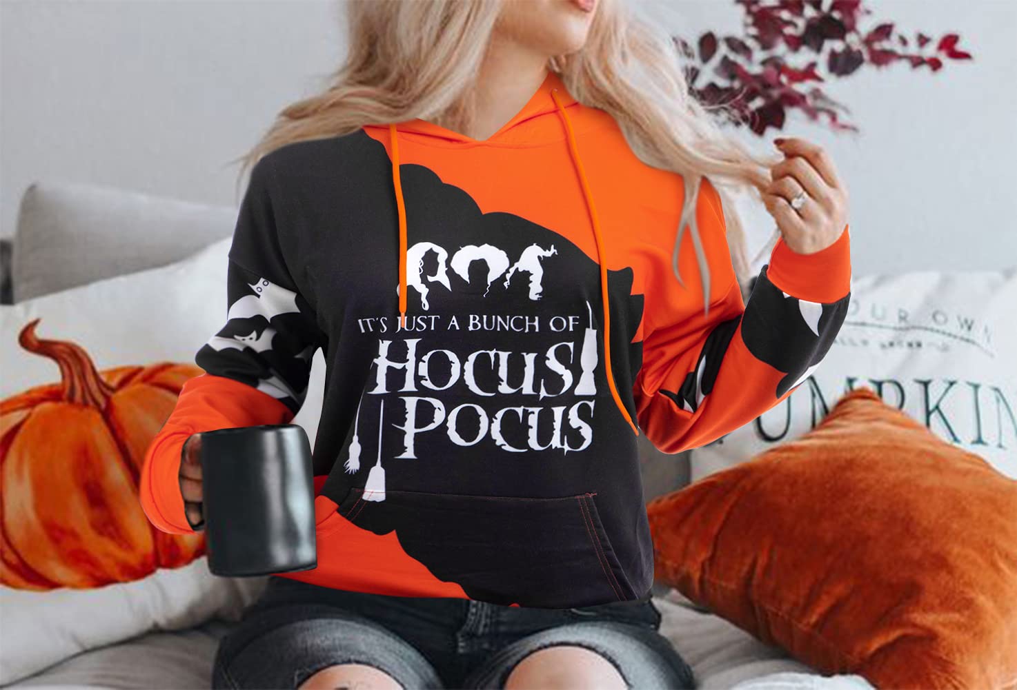 KIDDAD It's Just A Bunch of Hocus Pocus T-Shirt Women Halloween Sanderson Sisters Long Sleeve Crewneck Casual Pullover Tops Black Orange