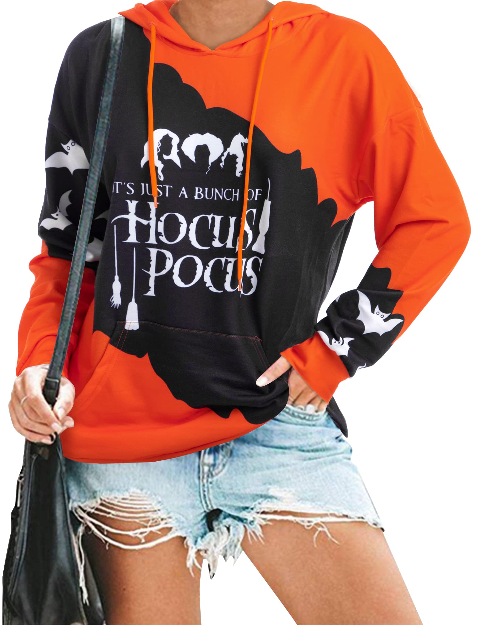 KIDDAD It's Just A Bunch of Hocus Pocus T-Shirt Women Halloween Sanderson Sisters Long Sleeve Crewneck Casual Pullover Tops Black Orange