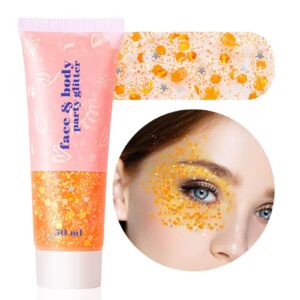 meicoly orange body glitter,halloween sparkling face glitter gel,mermaid sequins face paint glitter,eye hair chunky festival rave accessories sfx makeup,party body glitter gel for women kids,50ml