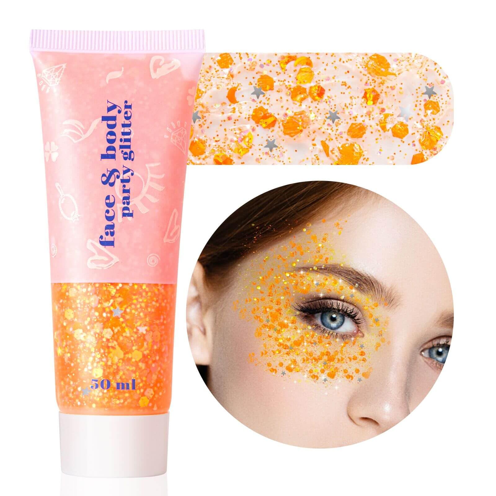 MEICOLY Orange Body Glitter,Halloween Sparkling Face Glitter Gel,Mermaid Sequins Face Paint Glitter,Eye Hair Chunky Festival Rave Accessories SFX Makeup,Party Body Glitter Gel for Women Kids,50ml