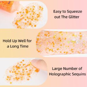 MEICOLY Orange Body Glitter,Halloween Sparkling Face Glitter Gel,Mermaid Sequins Face Paint Glitter,Eye Hair Chunky Festival Rave Accessories SFX Makeup,Party Body Glitter Gel for Women Kids,50ml