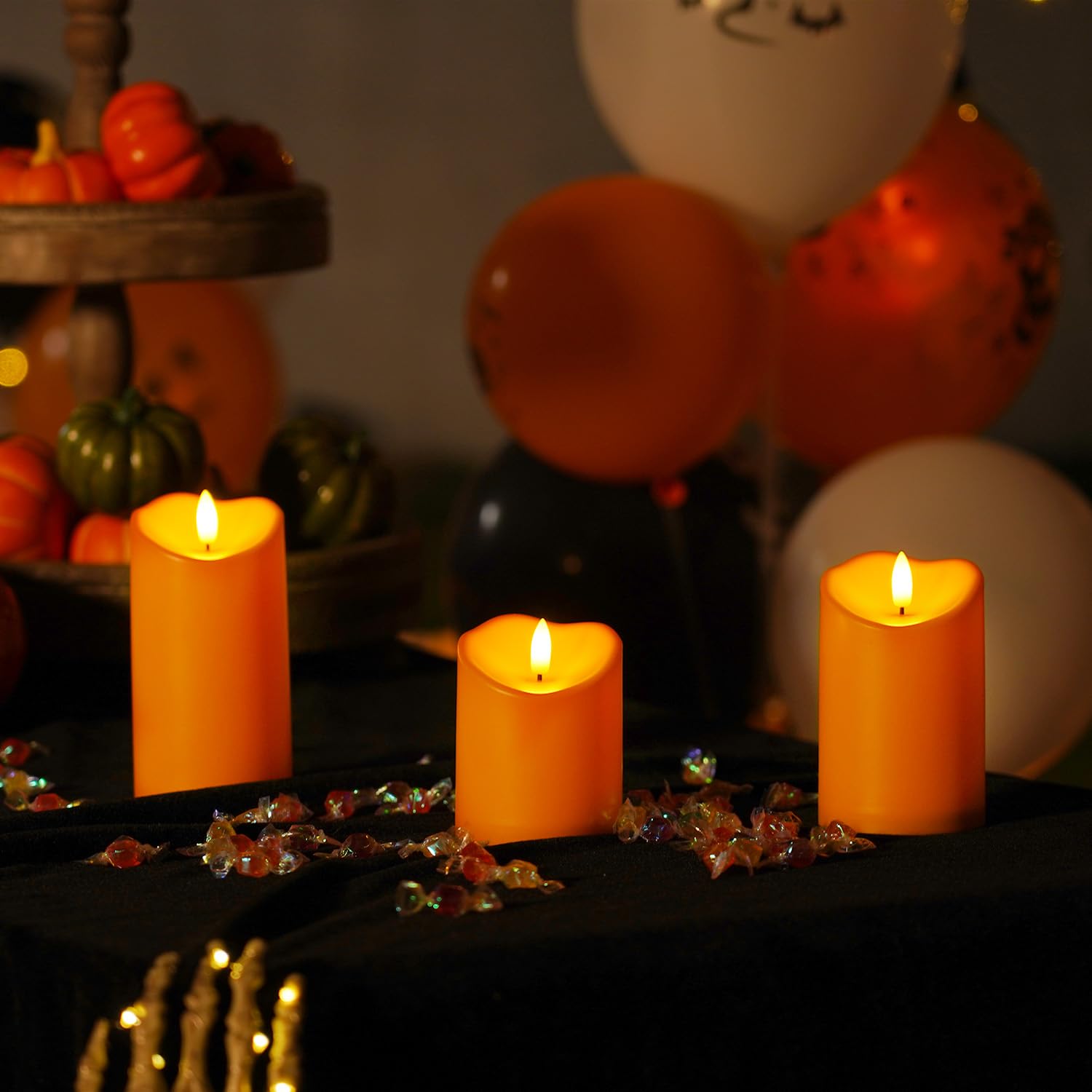 Homemory Halloween Orange Flameless Candles, Fall Candles, Outdoor Waterproof Flickering Battery Operated LED Pillar Candles with Remote and Timers, Won't Melt Plastic, Set of 3