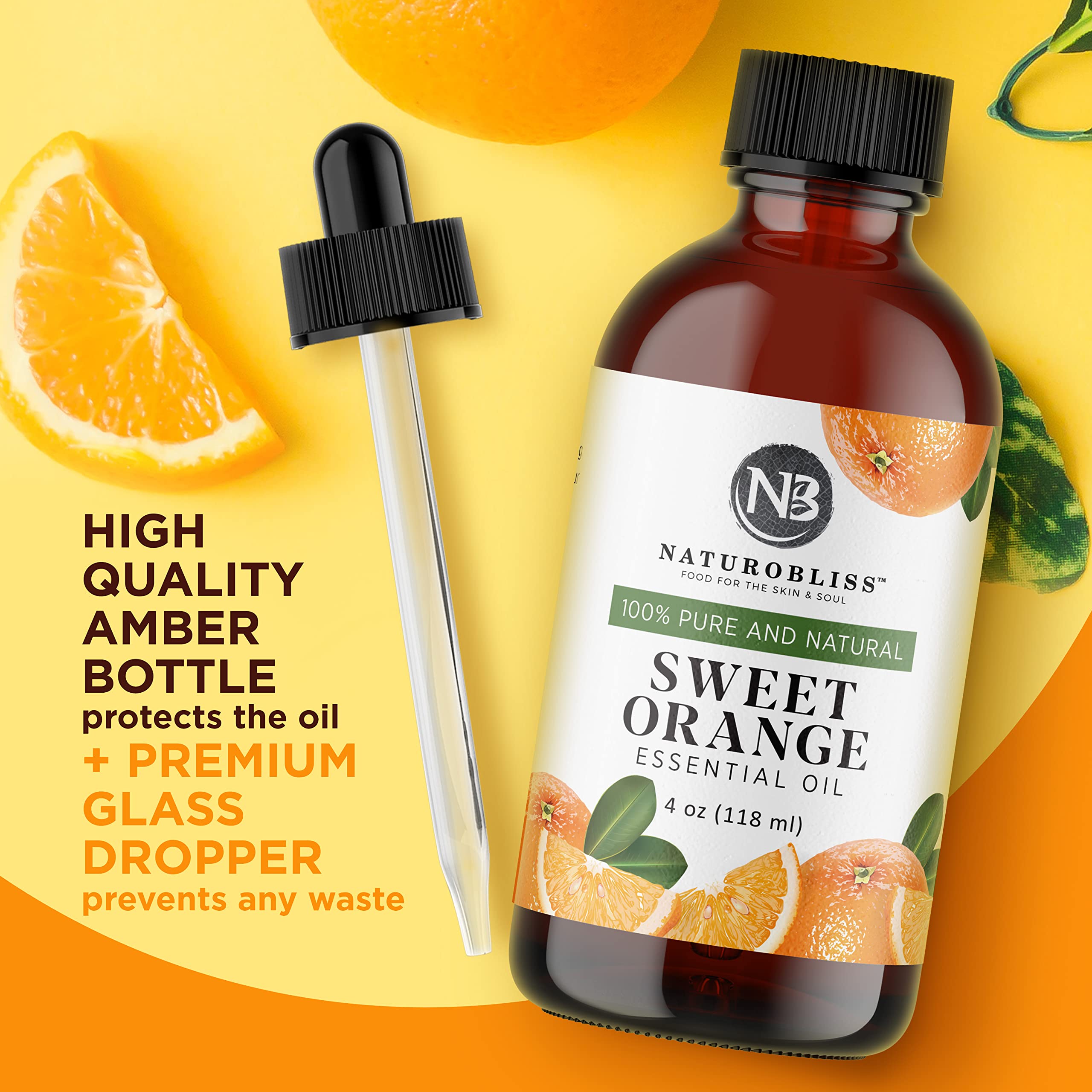 NaturoBliss 100% Pure & Natural Sweet Orange Essential Oil Therapeutic Grade Premium Quality Oil with Glass Dropper - Huge 4 fl. Oz - Perfect for Aromatherapy and Relaxation