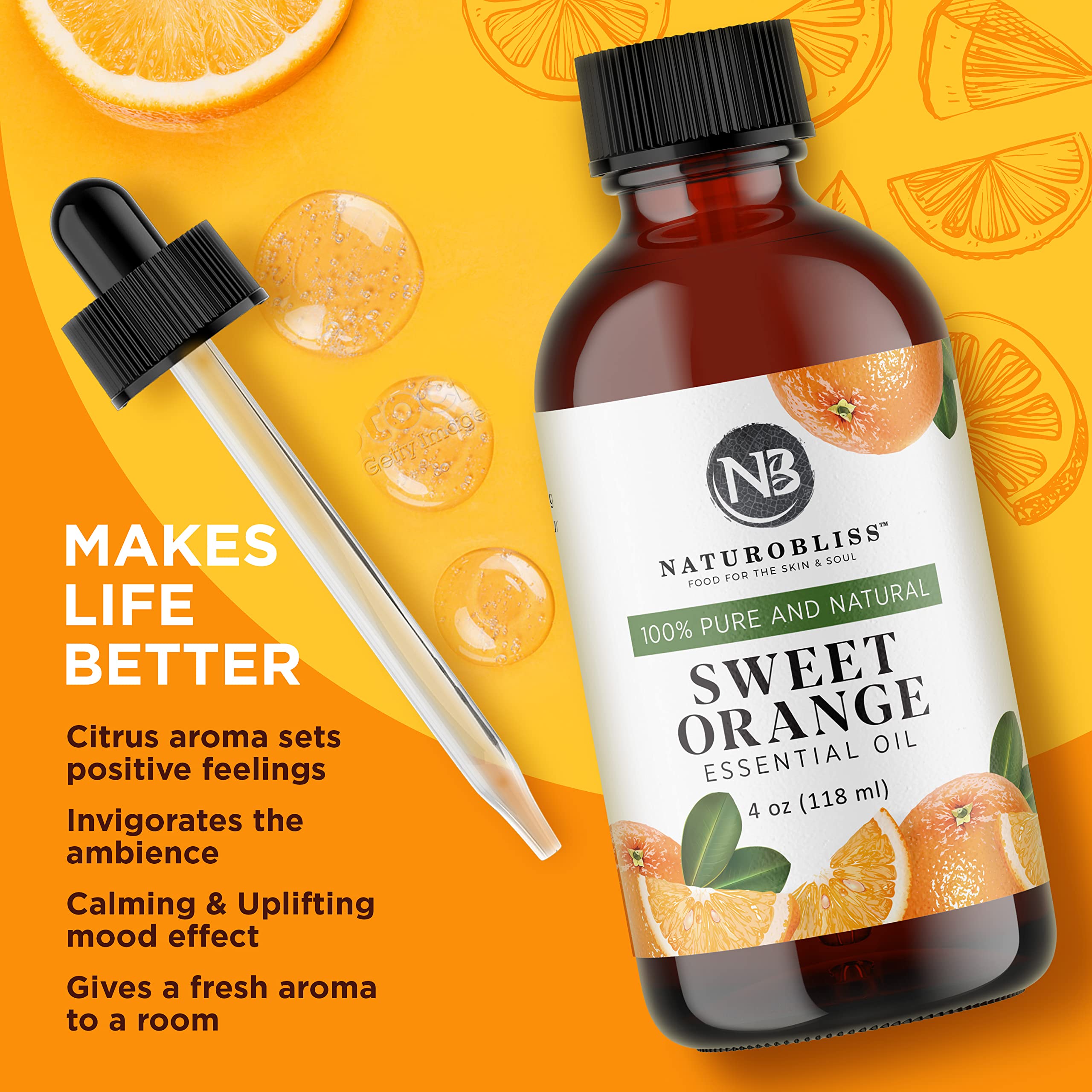 NaturoBliss 100% Pure & Natural Sweet Orange Essential Oil Therapeutic Grade Premium Quality Oil with Glass Dropper - Huge 4 fl. Oz - Perfect for Aromatherapy and Relaxation