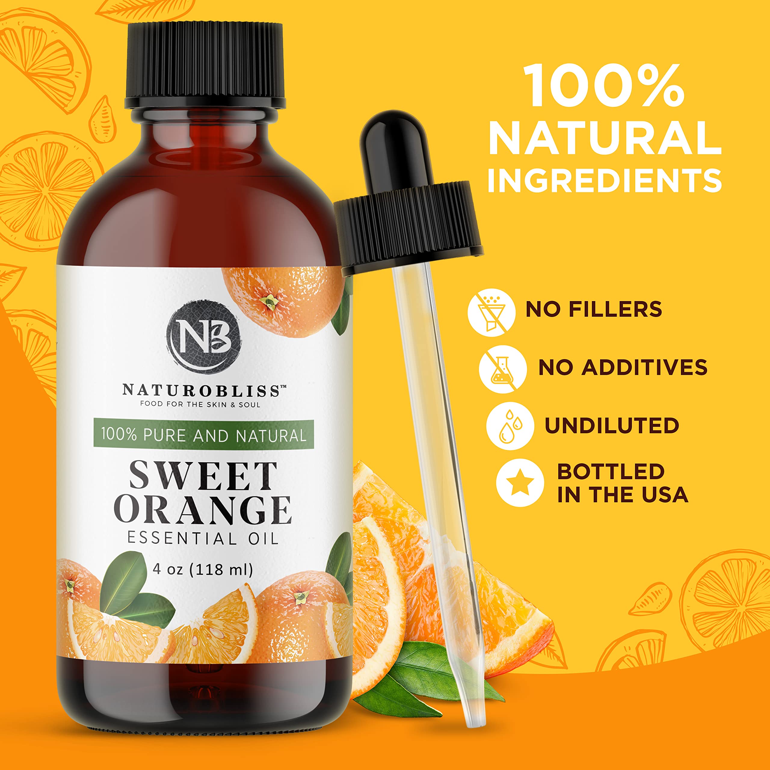 NaturoBliss 100% Pure & Natural Sweet Orange Essential Oil Therapeutic Grade Premium Quality Oil with Glass Dropper - Huge 4 fl. Oz - Perfect for Aromatherapy and Relaxation