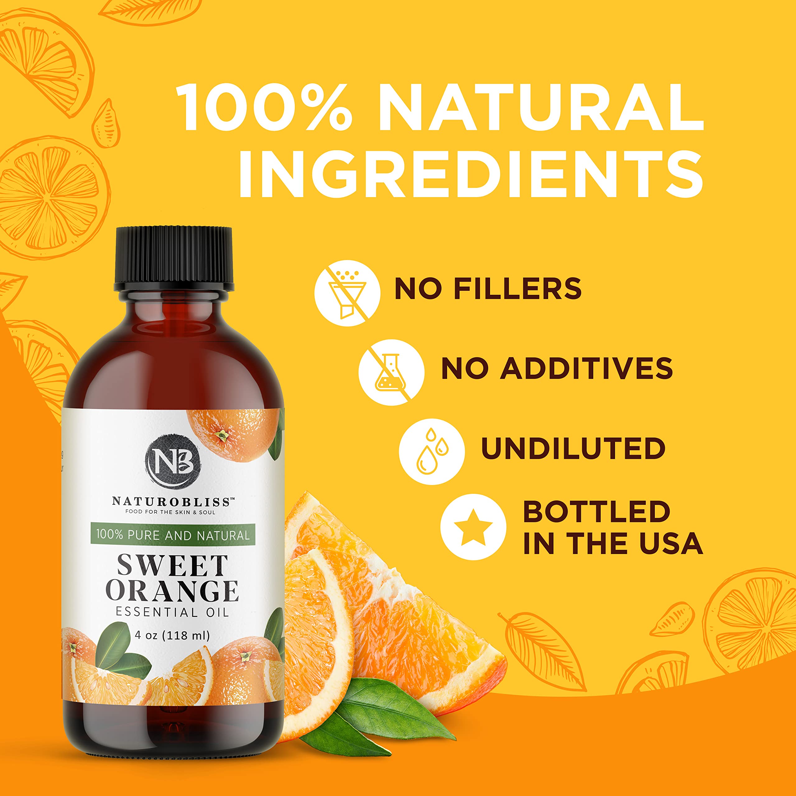 NaturoBliss 100% Pure & Natural Sweet Orange Essential Oil Therapeutic Grade Premium Quality Oil with Glass Dropper - Huge 4 fl. Oz - Perfect for Aromatherapy and Relaxation