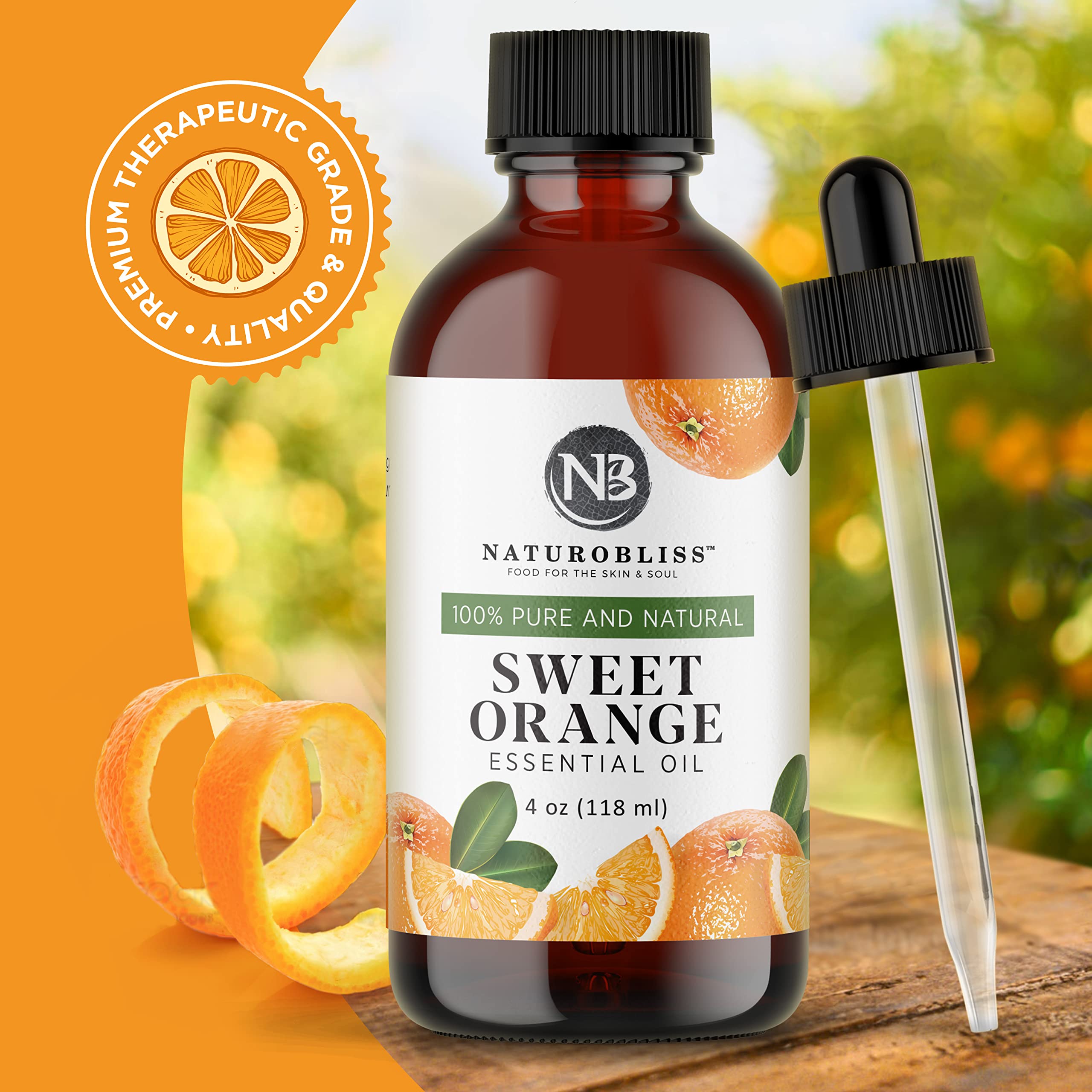 NaturoBliss 100% Pure & Natural Sweet Orange Essential Oil Therapeutic Grade Premium Quality Oil with Glass Dropper - Huge 4 fl. Oz - Perfect for Aromatherapy and Relaxation