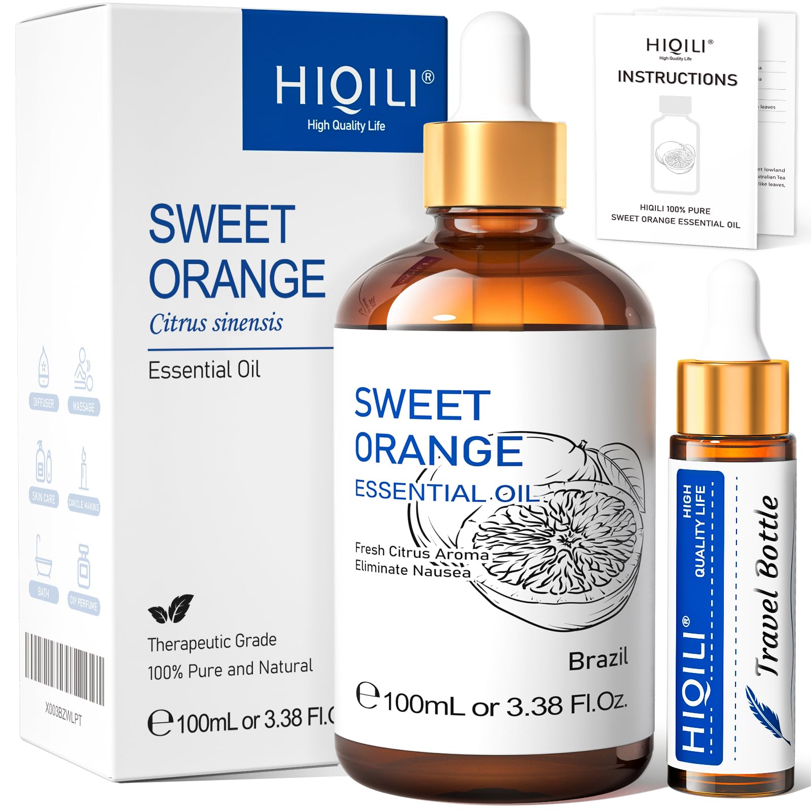 HIQILI Orange Essential Oil, 100% Pure, No Phototoxicity - 3.38 Fl Oz