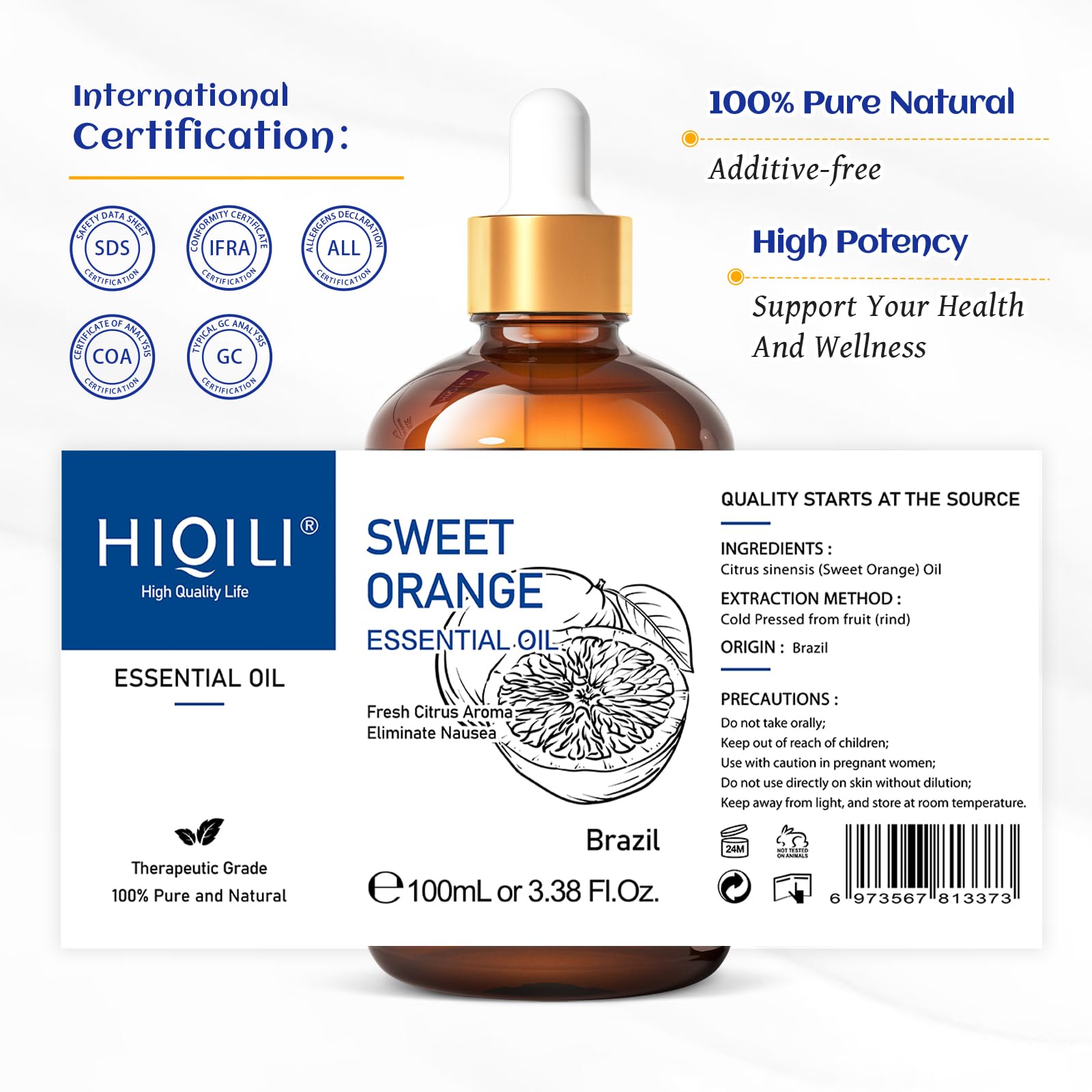 HIQILI Orange Essential Oil, 100% Pure, No Phototoxicity - 3.38 Fl Oz