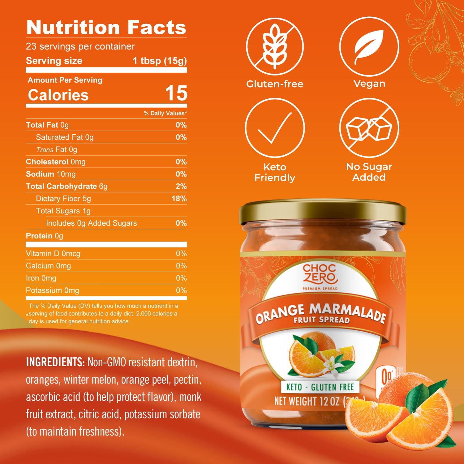 ChocZero Sugar Free Orange Marmalade - Sweet Keto Jam Spread with Oranges - No Added Sugars (1 Jar, 12oz)