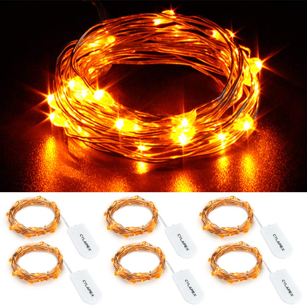 CYLAPEX 6 Pack Orange Fairy Lights 3.3FT Silvery Copper Wire 20 LED Fairy String Lights Small Starry Lights Firefly Battery Operated Micro String Lights for Christmas DIY Decor Halloween Wedding Party