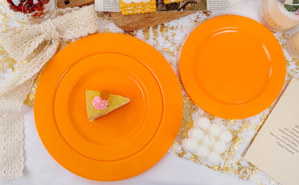 FLOWERCAT 60PCS Orange Plates - Heavy Duty Orange Plastic Plates Disposable for Easter Party - Include 30PCS 10.25inch Orange Dinner Plates and 30PCS 7.5inch Orange Dessert Plates