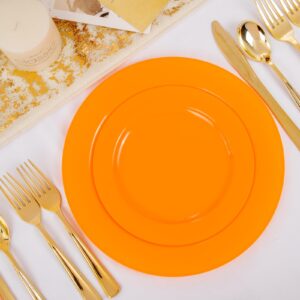 FLOWERCAT 60PCS Orange Plates - Heavy Duty Orange Plastic Plates Disposable for Easter Party - Include 30PCS 10.25inch Orange Dinner Plates and 30PCS 7.5inch Orange Dessert Plates