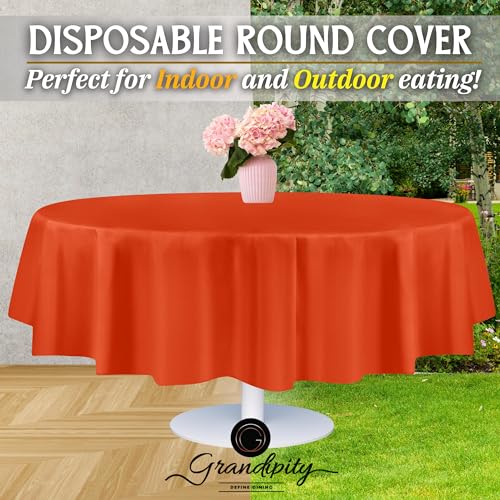 Grandipity Orange 12 Pack Premium Disposable Plastic Tablecloth 84" Inch Decorative Round Table Cover