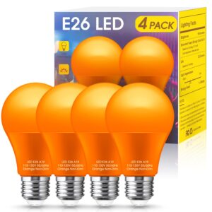 woxeon orange light bulb [4 pack] - a19 led orange bulbs 9w (60watt equivalent) - e26 base orange light bulb outdoor, colored light bulbs for halloween christmas party porch home holiday decorative