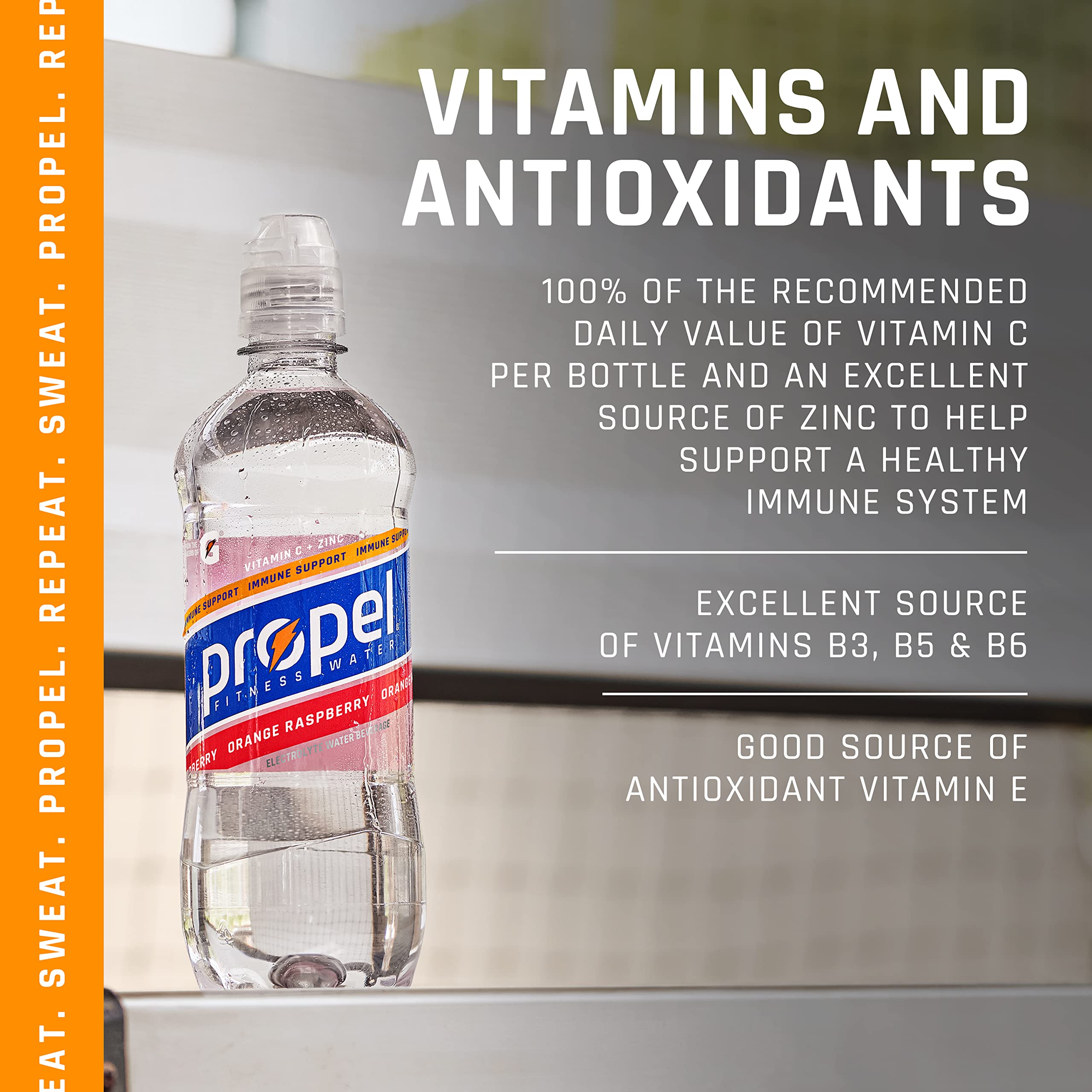 Propel Immune Support with Vitamin C + Zinc, Orange Raspberry, 24oz Bottle, Pack of 12