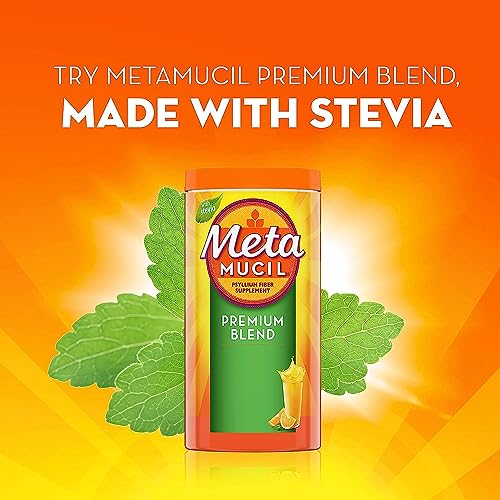 Metamucil Premium Blend, 4-in-1 Fiber Supplement for Digestive Health, Psyllium Husk Fiber Powder, Sugar-Free with Stevia, Plant-Based Fiber Supplement, Orange Flavored, 180 teaspoons