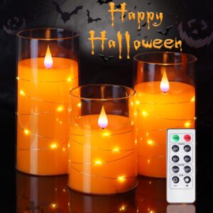 homemory halloween orange flameless candles with string lights, battery operated led candles with remote and timer, flickering candles for halloween decoration, fall, harvest festival