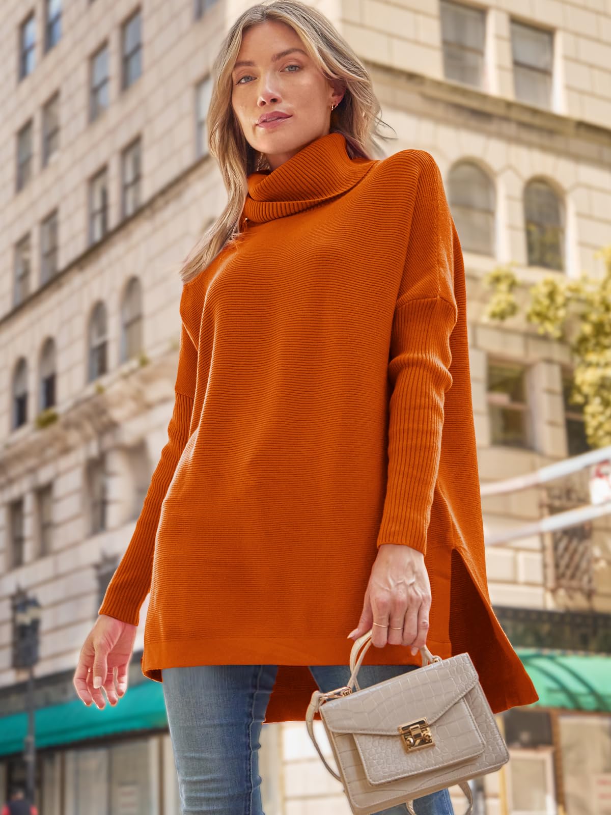 LILLUSORY Orange Turtleneck Oversized Sweaters Long Batwing Sleeve Tunic Pullover Sweater Knit Tops