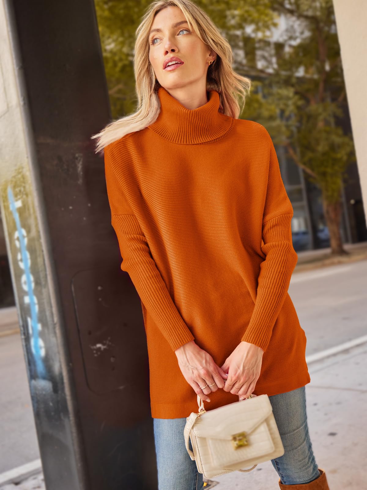 LILLUSORY Orange Turtleneck Oversized Sweaters Long Batwing Sleeve Tunic Pullover Sweater Knit Tops