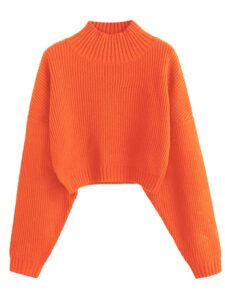 zaful women's cropped turtleneck sweater lantern sleeve ribbed knit pullover sweater jumper (1-orange, m)