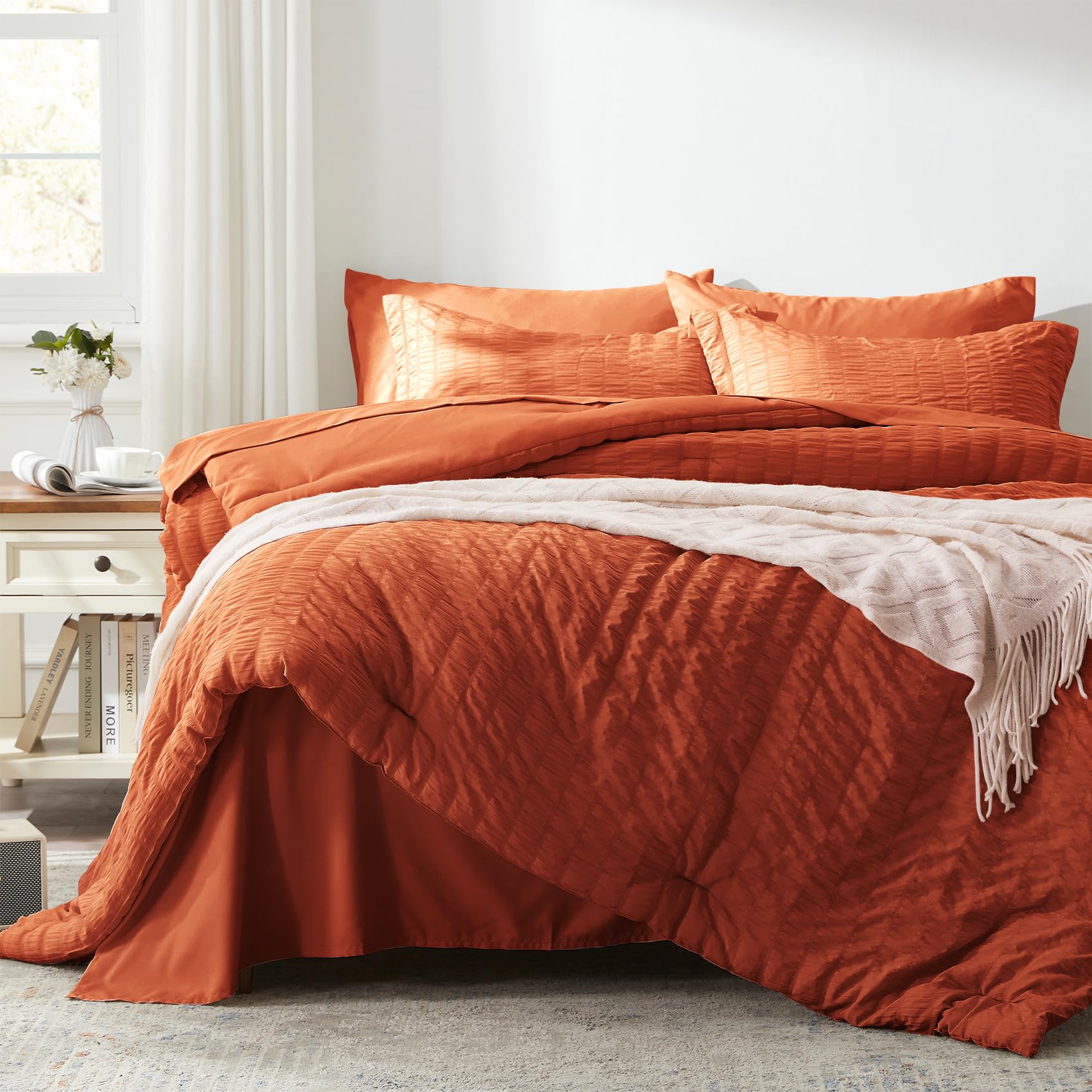 Zzlpp Queen Comforter Set 7 pieces, Burnt Orange Seersucker Bed in a Bag with Sheets, Lightweight Bedding Sets with 1 Comforter, 2 Pillow Shams, 2 Pillowcases, 1 Flat Sheet, 1 Fitted Sheet