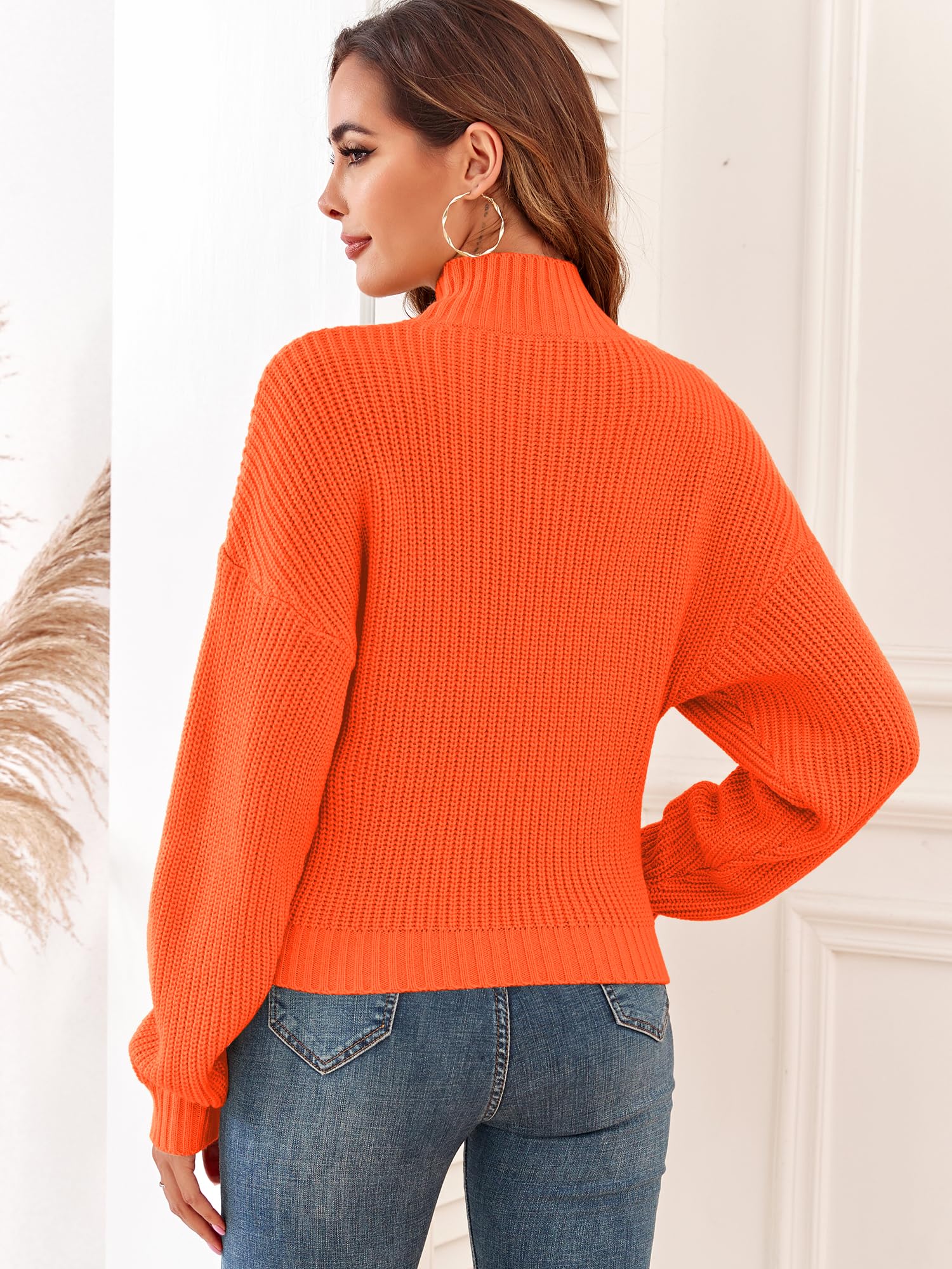 ZAFUL Women's Cropped Turtleneck Sweater Lantern Sleeve Ribbed Knit Pullover Sweater Jumper (1-Orange, M)