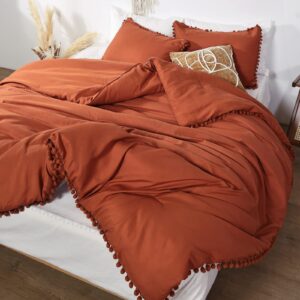 smoofy pom queen comforter set burnt orange boho chic fringe cute ball pom bedding set cali soft warm vintage lightweight solid comforter 3 pieces (1 pom comforter, 2 pillowcases)