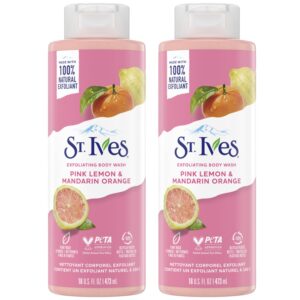 st. ives exfoliating body wash - pink lemon body wash for women with mandarin orange, citrus body wash, body soap, or hand soap with 100% natural exfoliants for glowing skin, 16 oz ea (pack of 2)