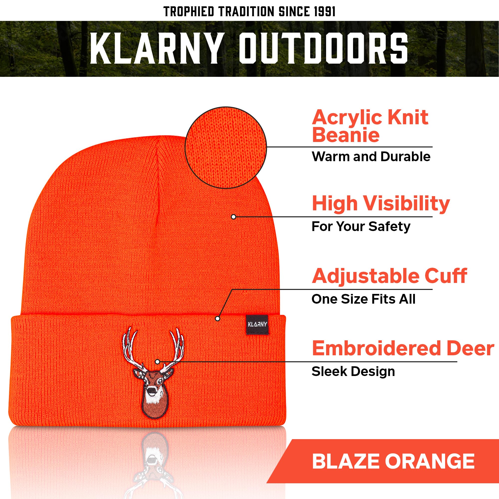 Klarny Blaze Orange Hunting Hat for Men, Women, Kids, High-Visibility Orange Hunting Beanie, Comfortable, Stretchy Knit Hunter Orange Hat Deer & Bow Hunting Gear, Safety Accessories, One Size