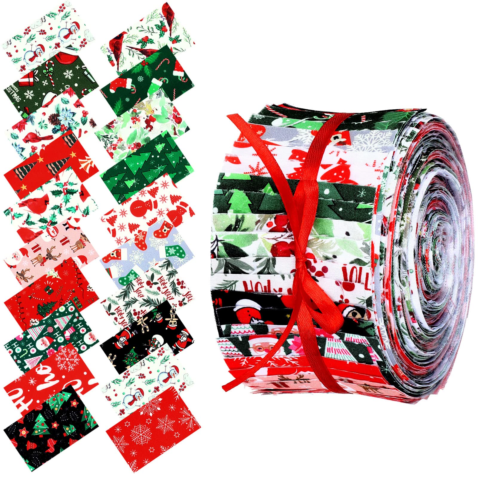 40 Pcs Christmas Jelly Cotton Fabric Patchwork Roll, 2.55 Inch Xmas Jelly Fabric Strips, Pre-Cut Jelly Fabric Patchwork Cotton Fabric for Quilting and Sewing DIY Crafts (Vivid Style)