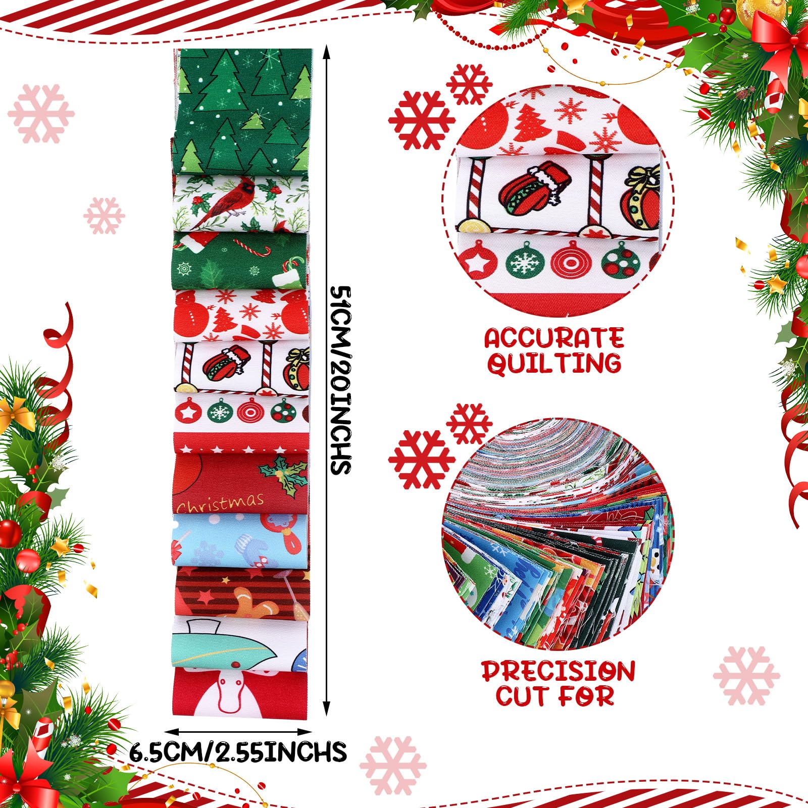 Ganeen 150 Pcs 2.56 Inch Winter Christmas Fabric Roll Snowflake Snowman Quilting Fabric Roll Patchwork Fabric Quilting Strips Xmas Tree Printed Sewing Fabric for DIY Crafts