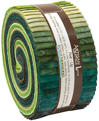 Robert Kaufman Artisan Batiks Prisma Dyes Rainforest Green Jelly Roll Up, 40 2.5x44-inch Cotton Fabric Strips