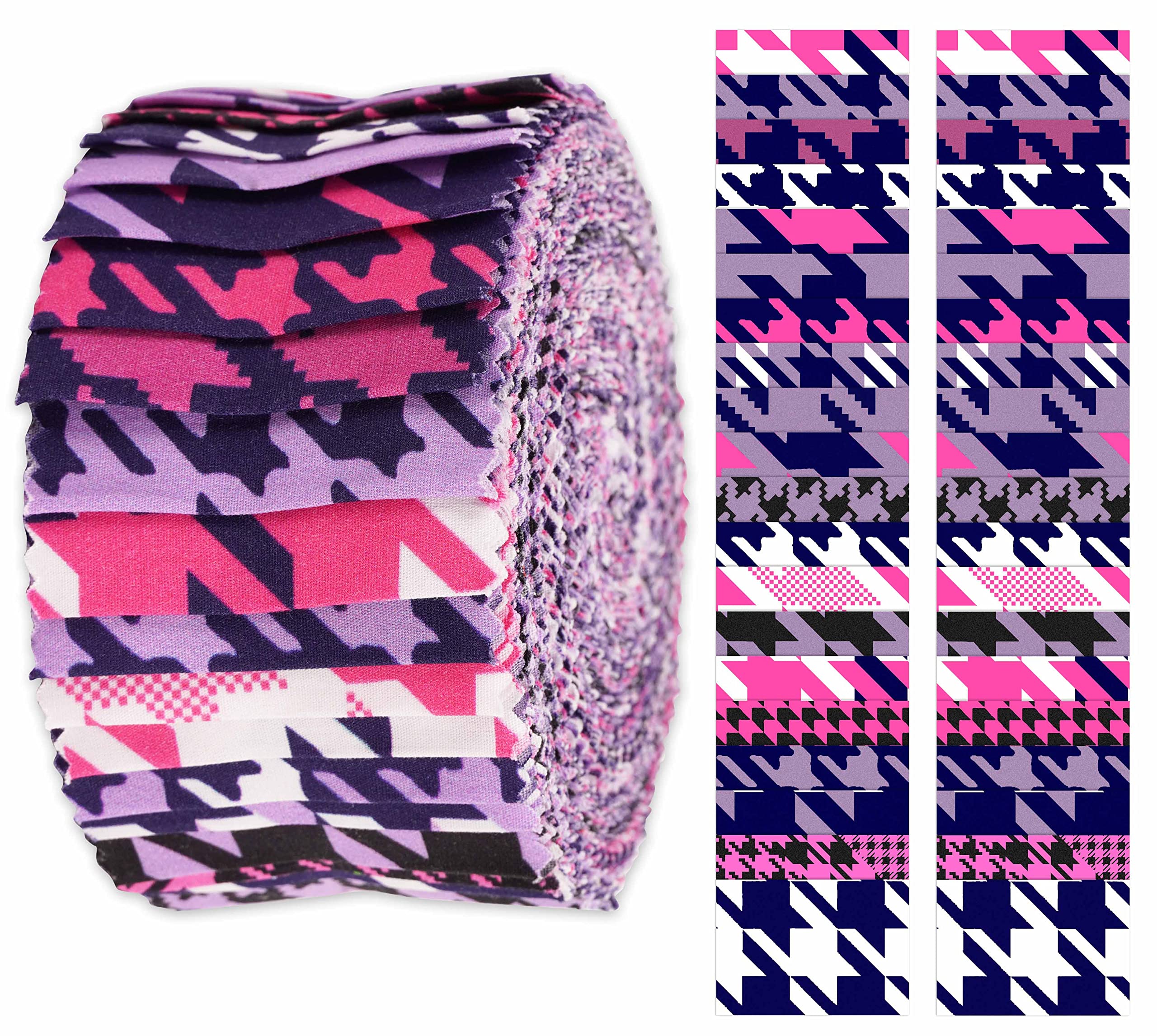 Soimoi 40Pcs Houndstooth Print Cotton Precut Fabrics for Quilting Craft Strips 2.5x42inches Jelly Roll - Purple & Pink