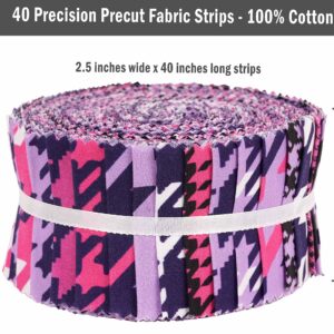 Soimoi 40Pcs Houndstooth Print Cotton Precut Fabrics for Quilting Craft Strips 2.5x42inches Jelly Roll - Purple & Pink