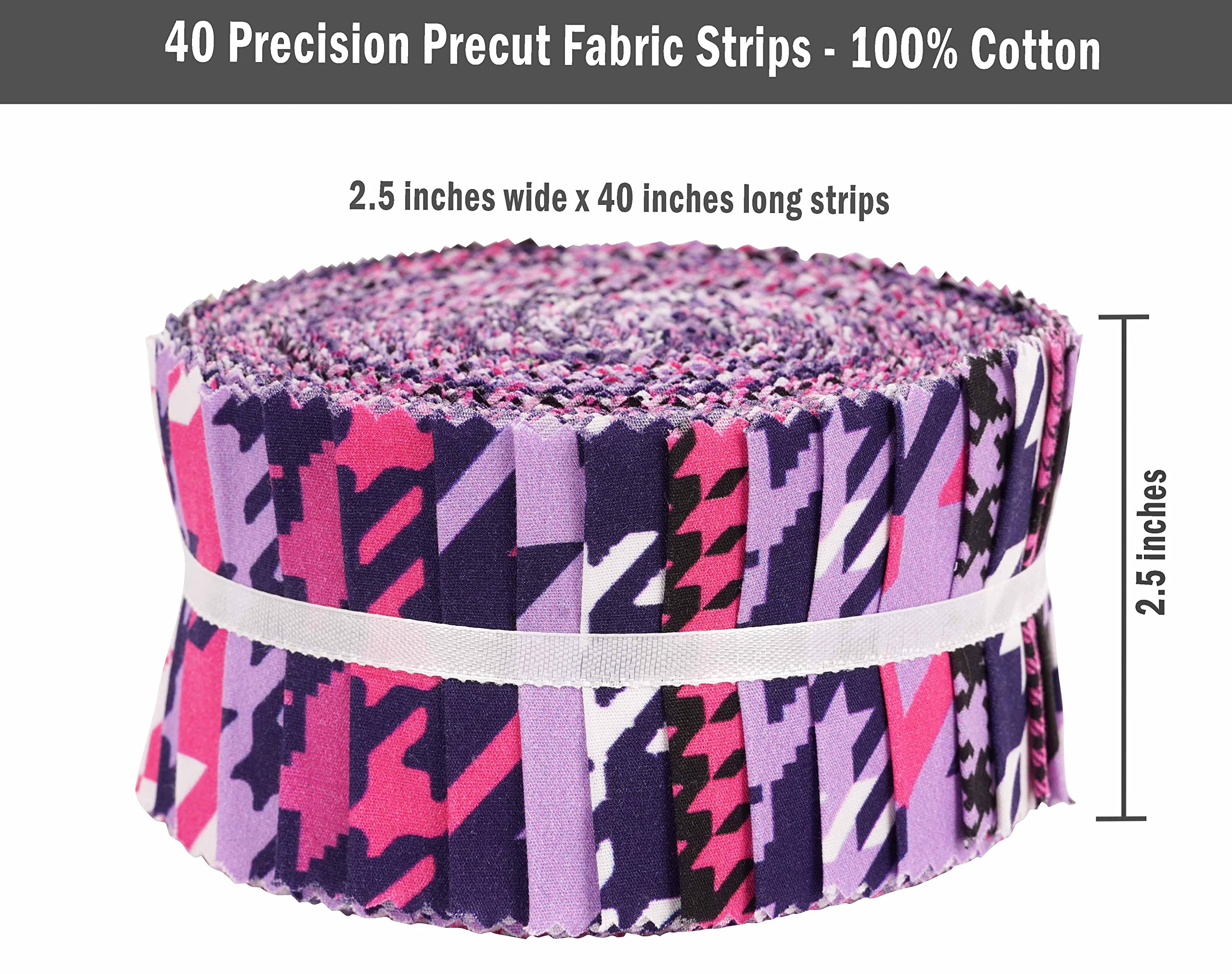 Soimoi 40Pcs Houndstooth Print Cotton Precut Fabrics for Quilting Craft Strips 2.5x42inches Jelly Roll - Purple & Pink