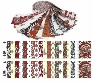 soimoi 40pcs asian block print cotton precut fabrics for quilting craft strips 2.5x42inches jelly roll - maroon, white, pale yellow, brown