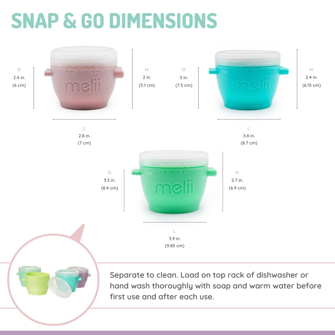 melii Snap & Go Baby Food Storage Containers with lids, Snack Containers, Freezer Safe, 14 Piece Set (4 x 6 oz, 4 x 4 oz, 6 x 2 oz), Original