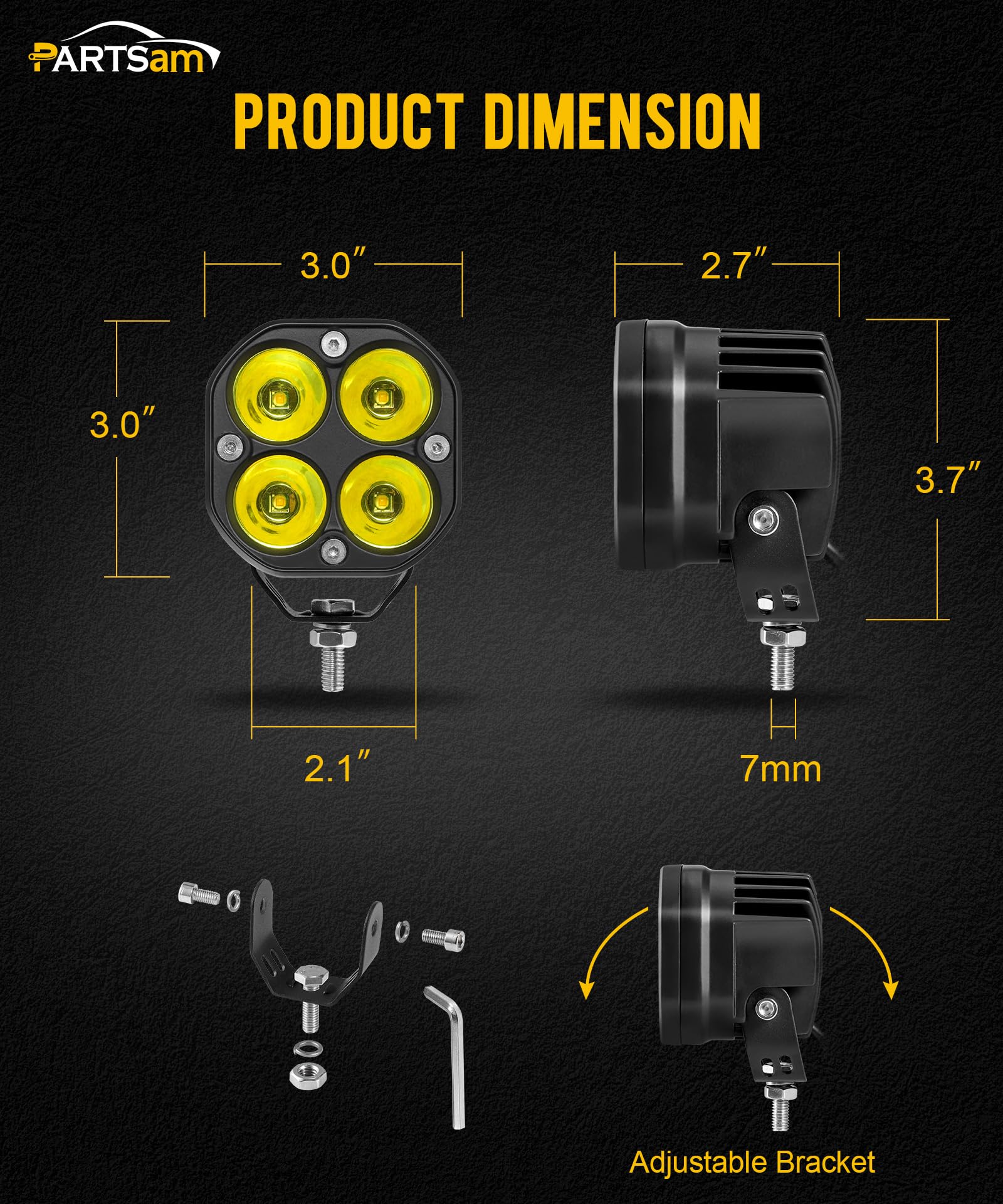 Partsam 3 Inch Yellow Pods Fog Light, 30W Waterproof Cubes Offroad Cree LED Pods Spot Flood Ditch Lights, Square Off Road Lights for Pickup Truck SUV ATV UTV Boat Forklift 4x4 Motorcycle, Pack of 2