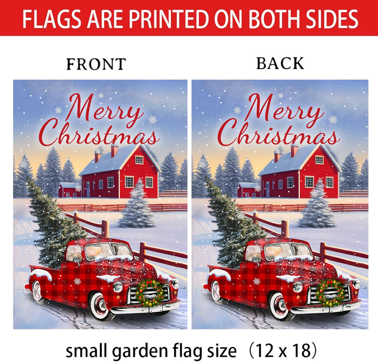 4SEASONS POD Merry Christmas Flag, Set 2 Merry Christmas Red Truck House Flag 28x40 and Christmas Garden Flag 12x18 Double Side, Winter Decorations Flag for Holiday Yard Lawn Outdoor Décor