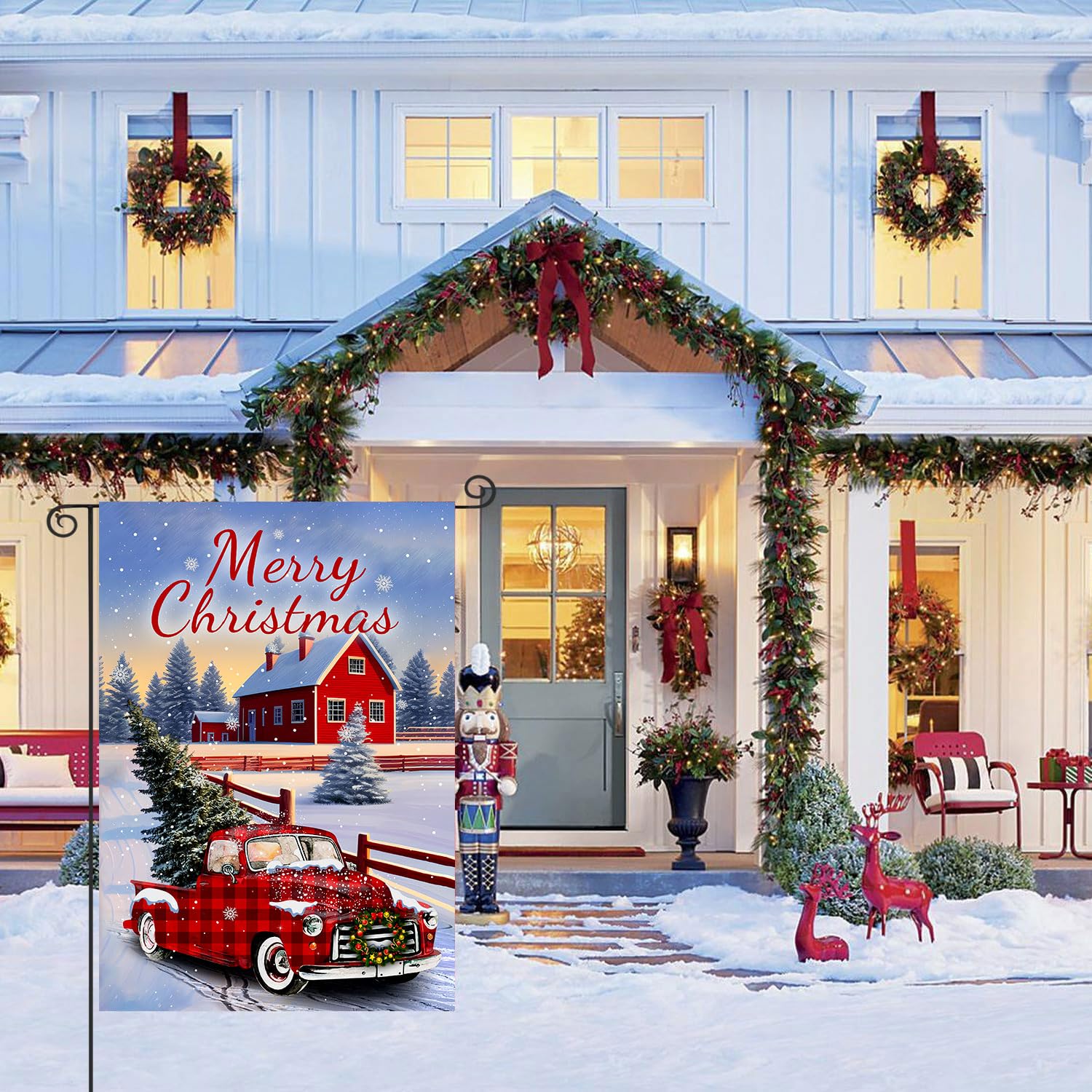 4SEASONS POD Merry Christmas Flag, Set 2 Merry Christmas Red Truck House Flag 28x40 and Christmas Garden Flag 12x18 Double Side, Winter Decorations Flag for Holiday Yard Lawn Outdoor Décor