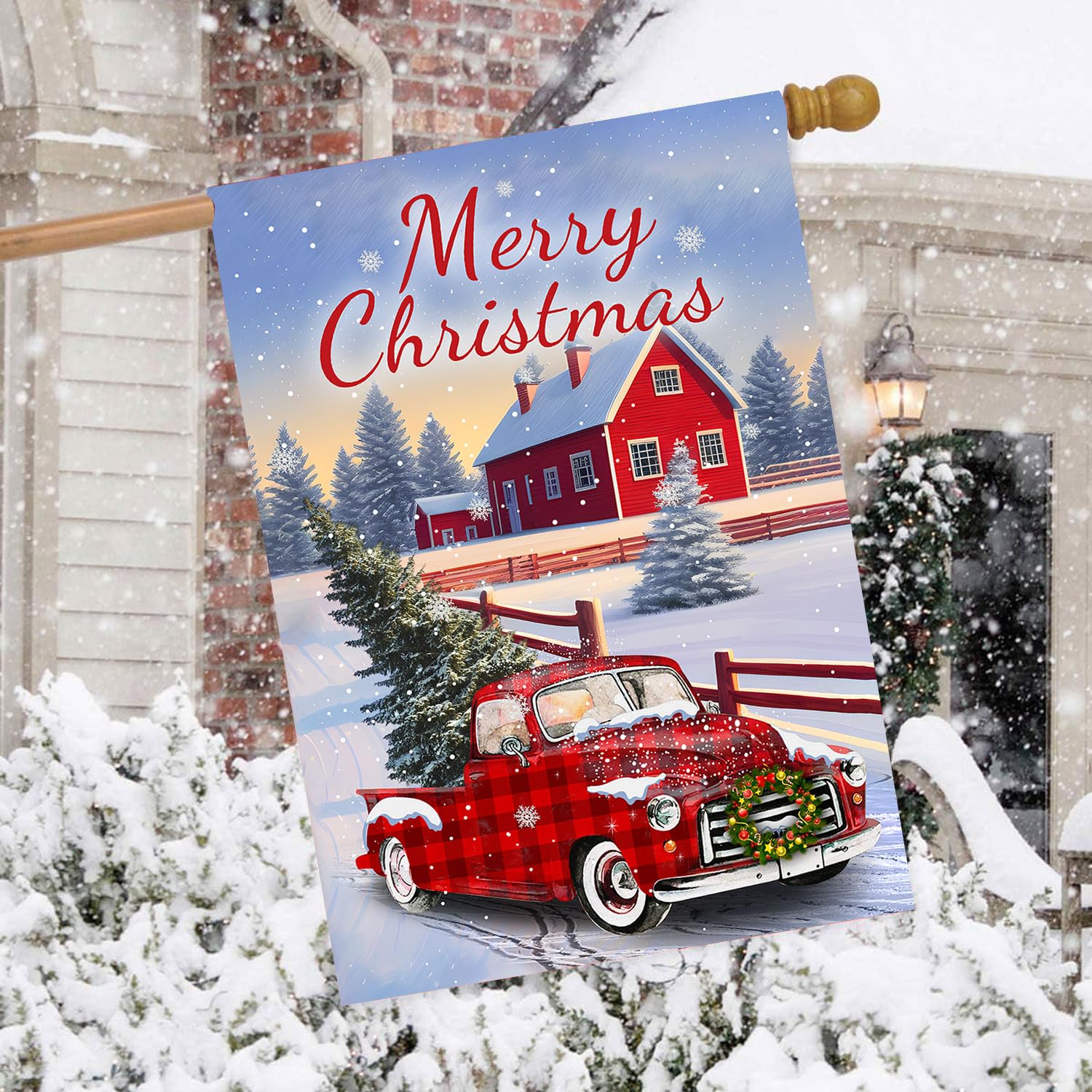 4SEASONS POD Merry Christmas Flag, Set 2 Merry Christmas Red Truck House Flag 28x40 and Christmas Garden Flag 12x18 Double Side, Winter Decorations Flag for Holiday Yard Lawn Outdoor Décor