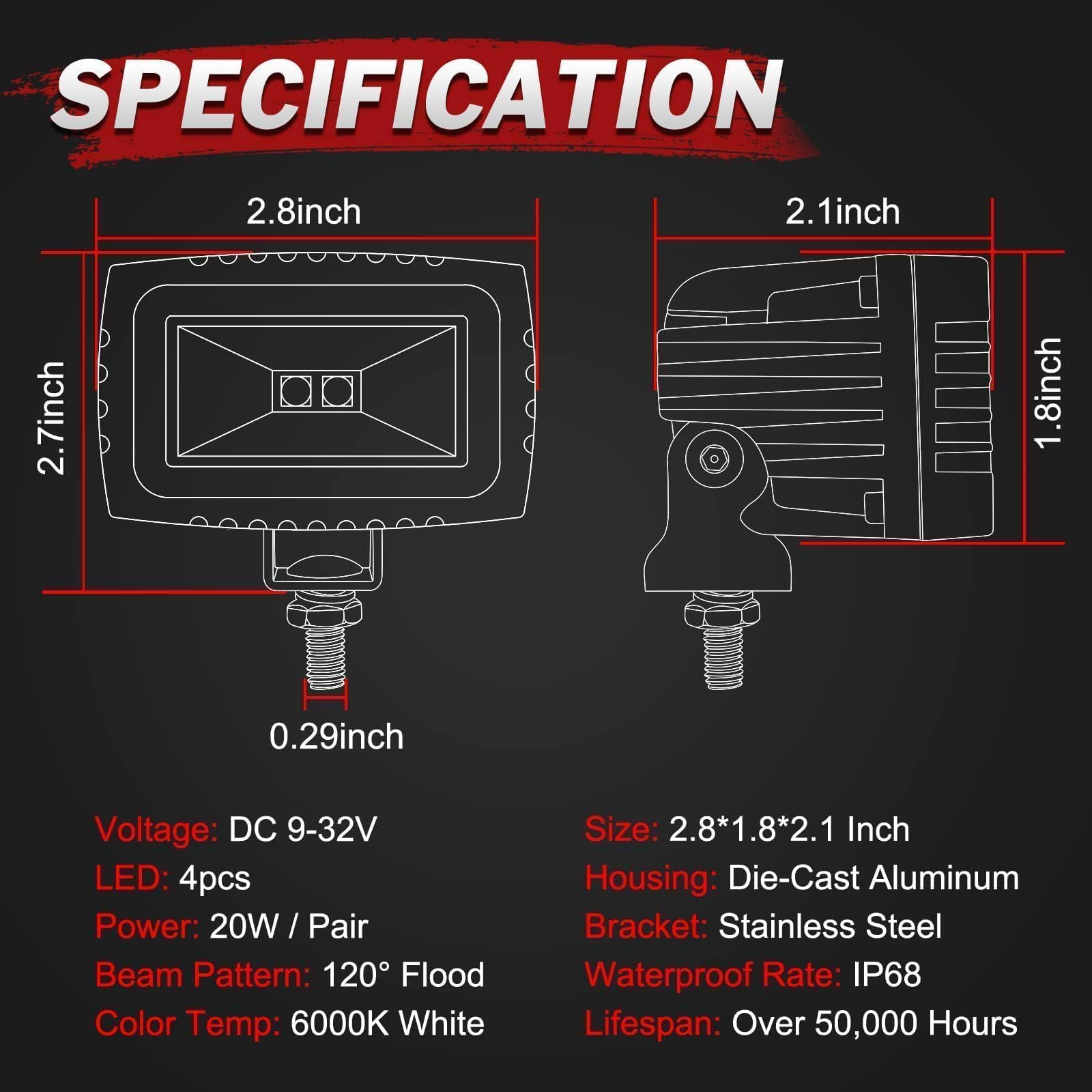 Lumimotor 3 Inch LED Pod Lights 20W Flood Beam Motorcycle Driving Lights 3x2 Mini LED Fog Lights Backup Lights Bumper Lights 2pcs for Truck Pickup UTV ATV SUV Camper Lawn Mowers