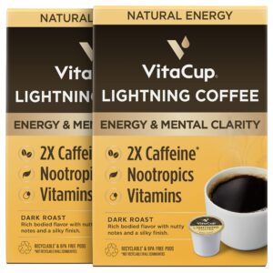 vitacup lightning coffee pods, enhance memory & focus w/ 2x caffeine, green coffee bean, b vitamins, d3, strong dark roast coffee, recyclable single serve pod compatible w/keurig k-cup brewers,32 ct