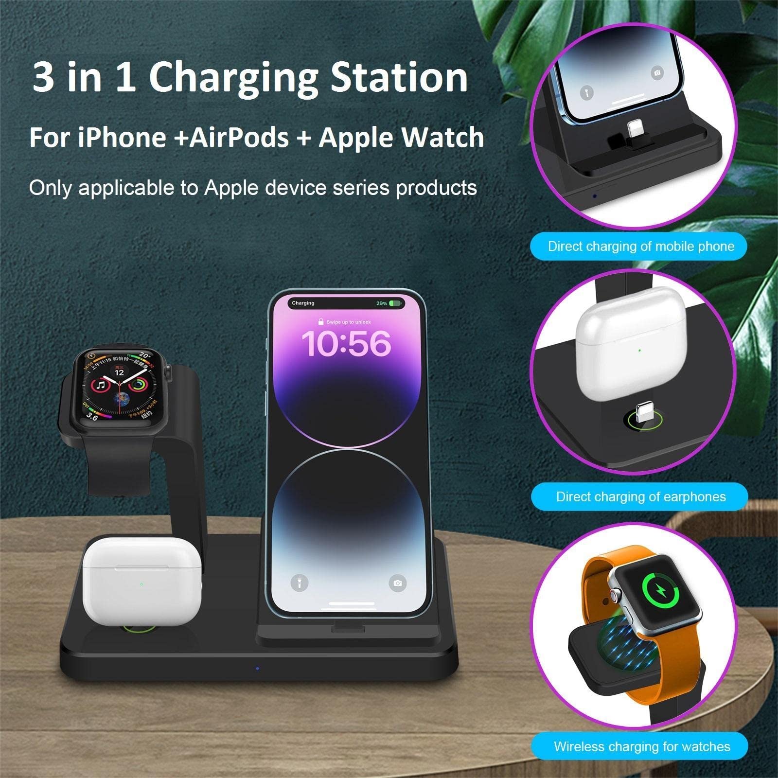 Charging Station for Apple Devices 3 in 1 Fast Charge Dock for iPhone 14/13/12/11 Pro Max XS X 8 7 6 and Air Pods,Wireless Charger Stand Compatible with Apple Watch 9/8/Ultra/SE/7/6/5/4/3/2 (Black)