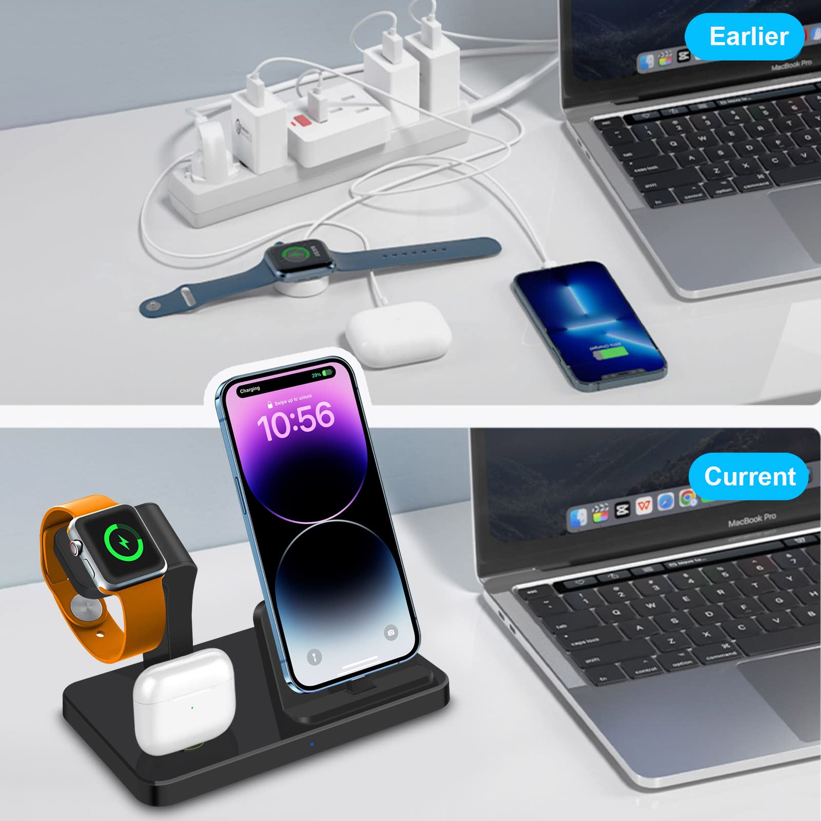 Charging Station for Apple Devices 3 in 1 Fast Charge Dock for iPhone 14/13/12/11 Pro Max XS X 8 7 6 and Air Pods,Wireless Charger Stand Compatible with Apple Watch 9/8/Ultra/SE/7/6/5/4/3/2 (Black)